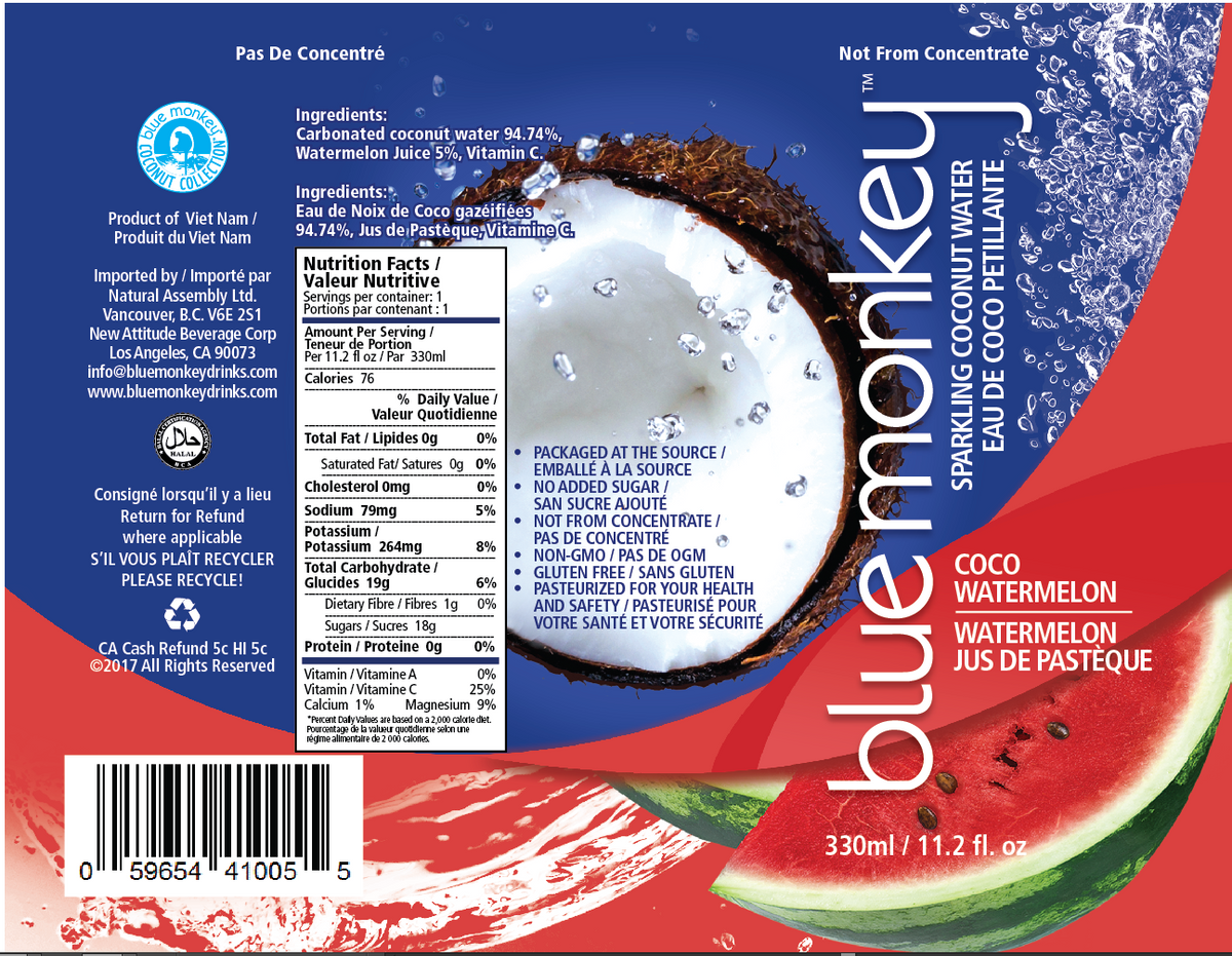 Sparkling Coconut Water with Watermelon 11.2oz/330ml - 12 pack – Blue ...